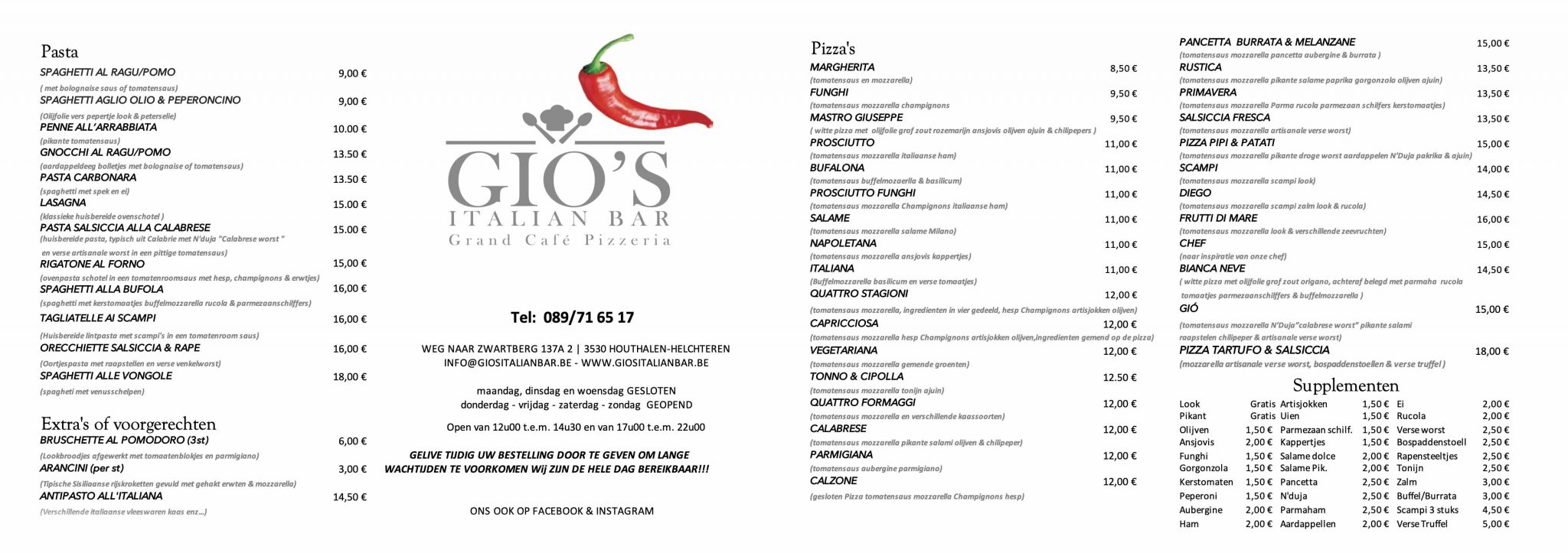 Gio's Italianbar | Menukaart | Traditionele Pizza en Pasta
